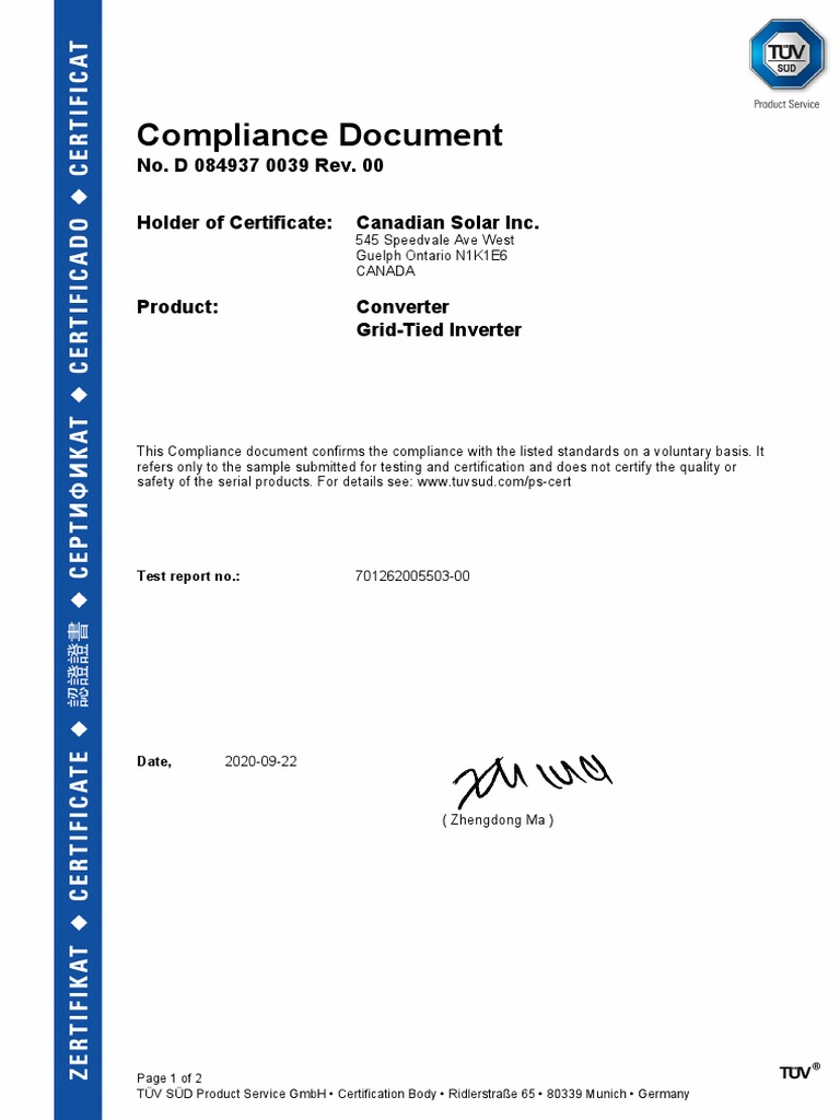 CS - Certificate - CSI 125KTL GI E - IEC 61727 - IEC 62116 | PDF ...