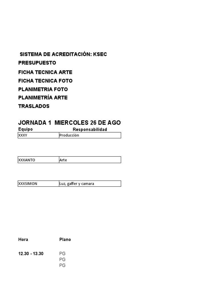 Plan de Rodaje Plantilla | PDF