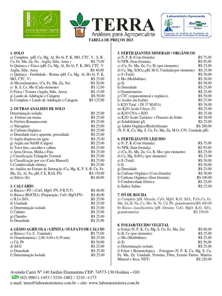 TABELA DE PREÇOS 2023 - Terra Análises para Agropecuária | PDF ...