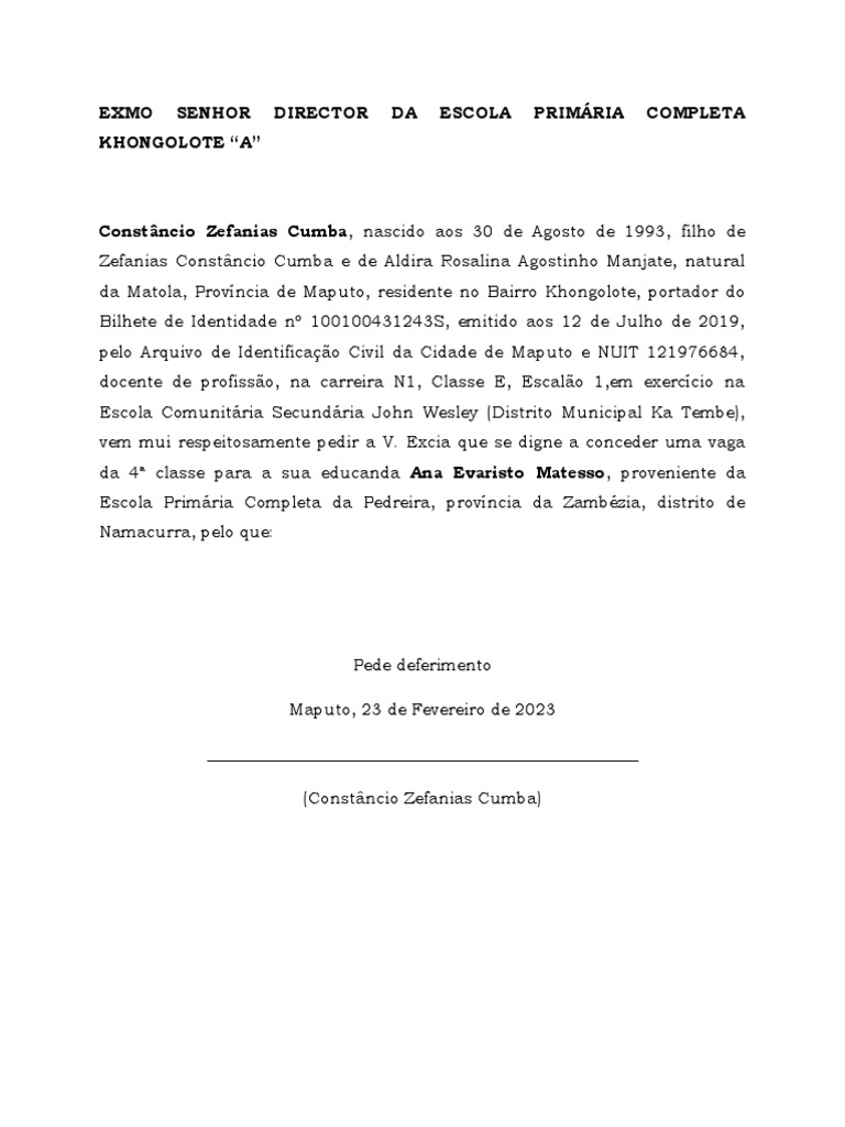 Exmo Senhor Director Da Escola Primária Completa Khongolote "A" | PDF