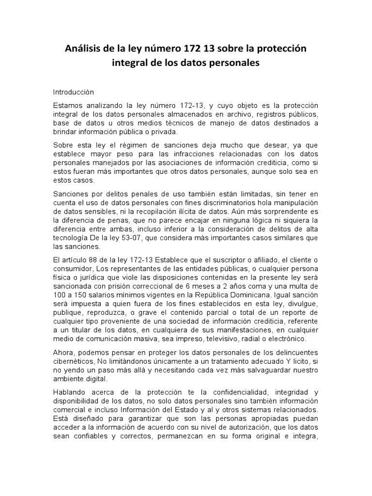 Analisis de La Ley 172-13 Sobre Proteccion de Datos en La Republica ...