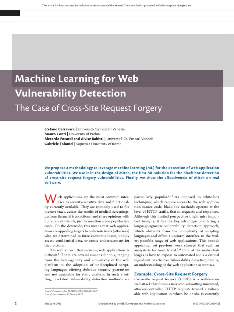 Machine Learning For Web Vulnerability Detection: The Case of Cross-Site Request Forgery | PDF ...