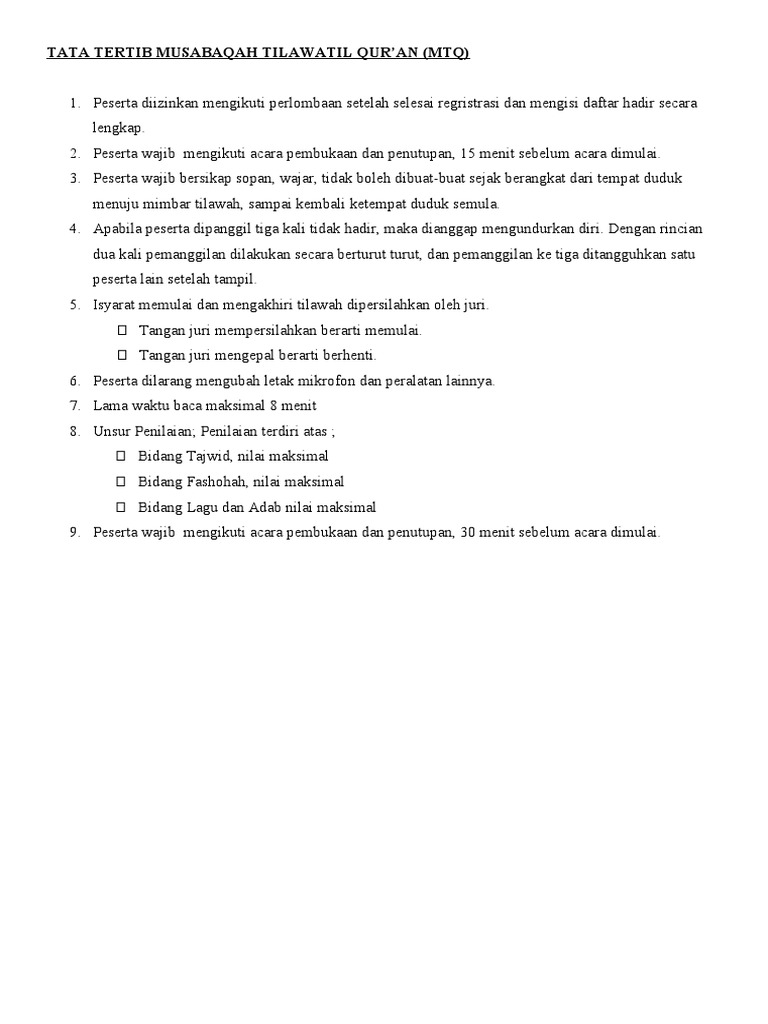 Tata Tertib Musabaqah Tilawatil Qur'An (MTQ) | PDF