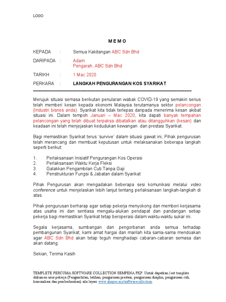 1 - Contoh Memo - (Langkah Pengurangkan Kos Syarikat) | PDF