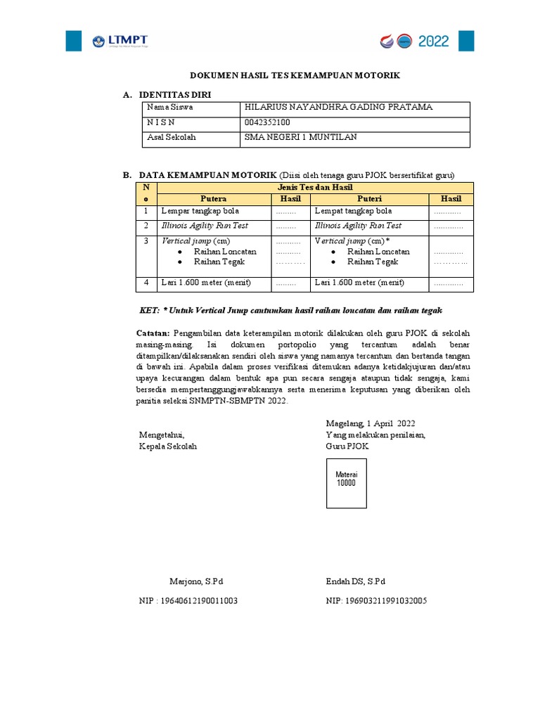 01 Templat Hasil Tes Keterampilan Motorik (Porto Olahraga 2022) - 1 | PDF