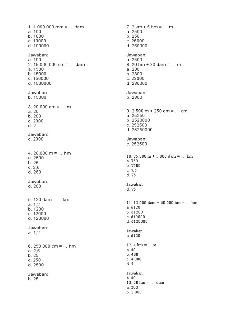 Soal Konversi Ukuran Kelas 4 | PDF