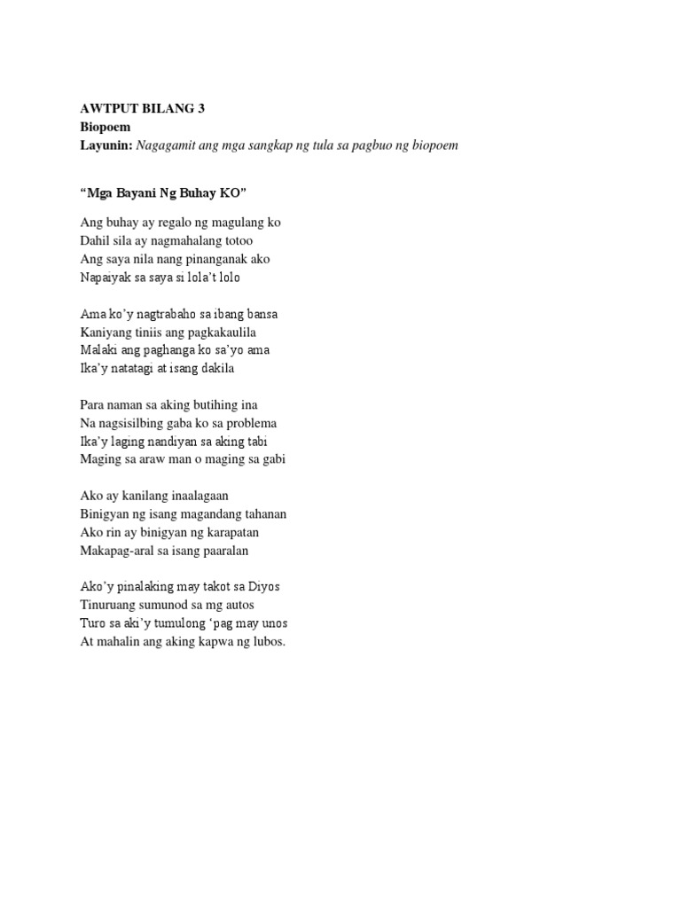 Awtput Bilang 3 Biopoem Layunin: Nagagamit Ang Mga Sangkap NG Tula Sa Pagbuo NG Biopoem | PDF
