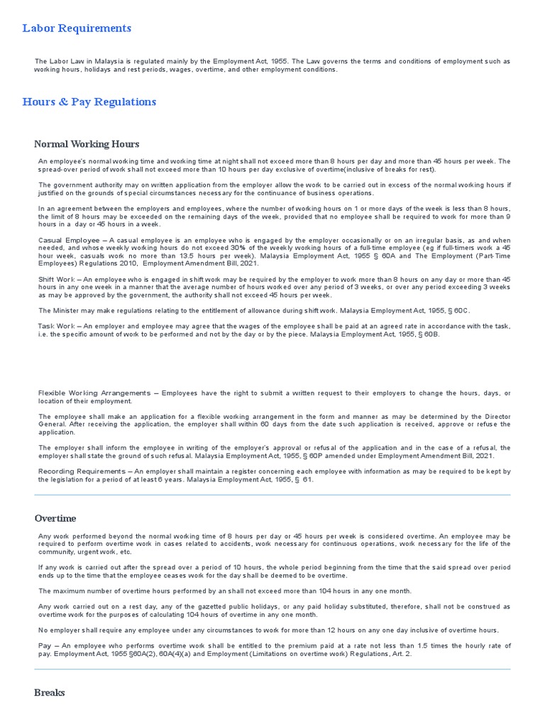Malaysia - Employment Act 2023 (Working Hours) | PDF | Overtime ...