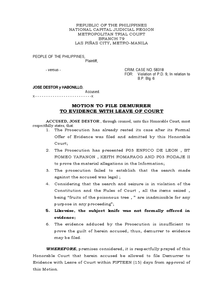 MOTION TO FILE DEMURRER TO EVIDENCE WITH LOC(PD9) | PDF | Prosecutor ...