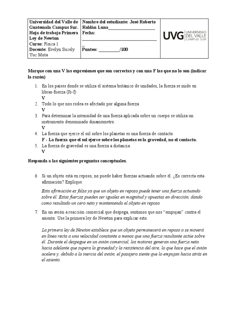 Hoja De Trabajo De La Ley De Newton Experimentos Sobre La Primera Ley