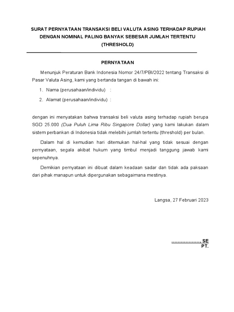 Surat Pernyataan Transaksi Beli Valas Senilai Threshold | PDF