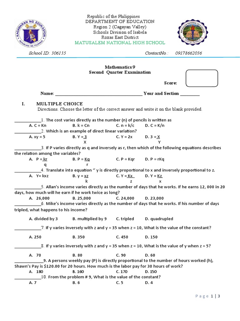 Math 9-2nd Quarter-Exam | PDF | Mathematics | Algebra