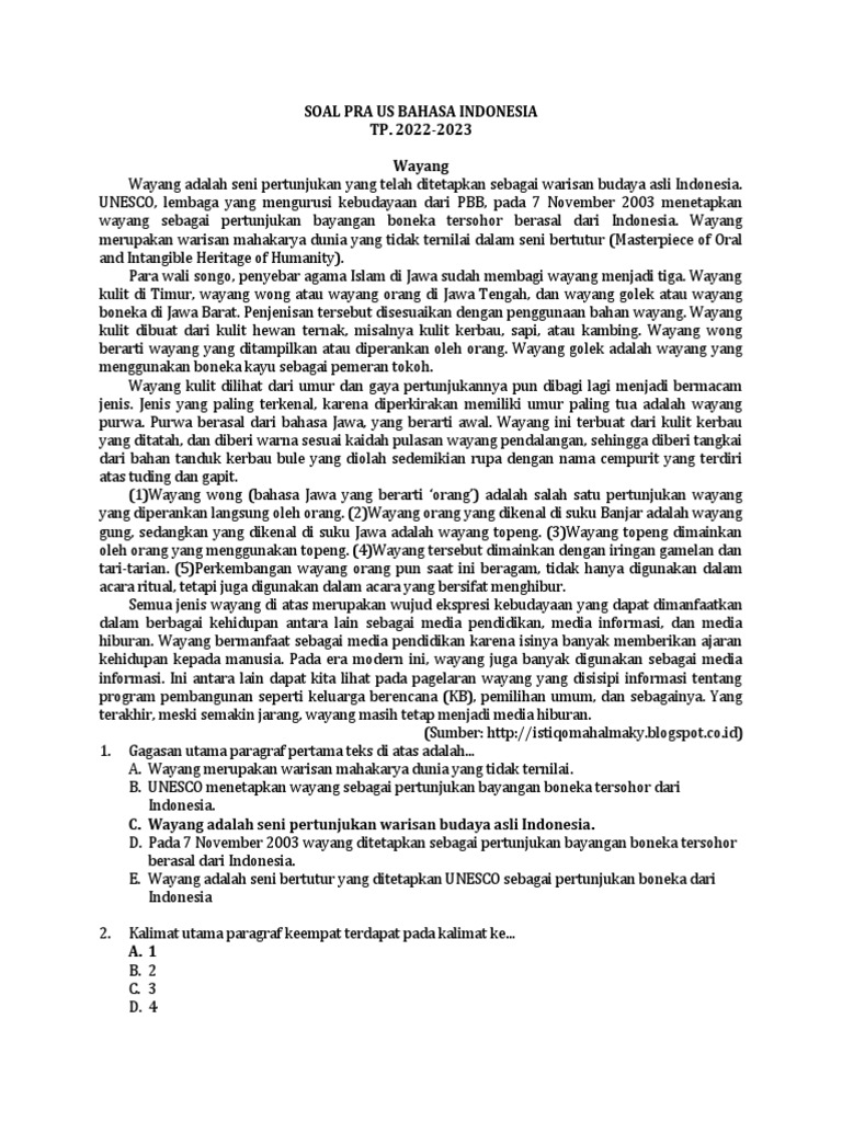 Soal Pra Us 2022 | PDF