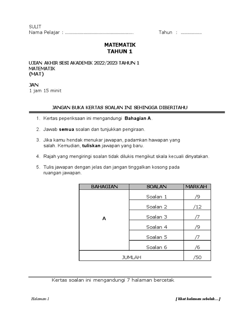 Matematik Tahun 1: Ujian Akhir Sesi Akademik 2022/2023 Tahun 1 Matematik (MAT) JAN | PDF