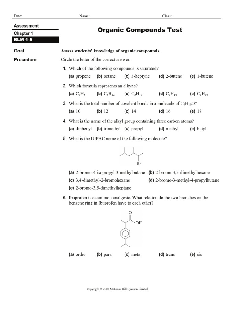 Practice Organic Compounds Test | Alcohol | Ester