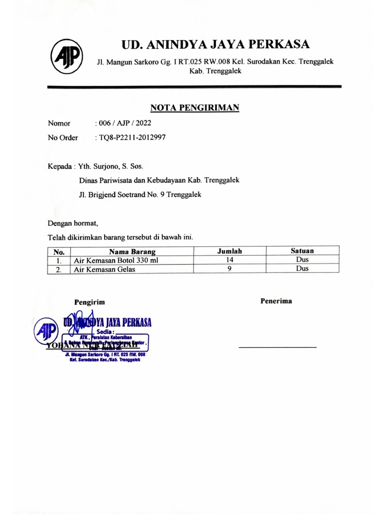 Nota Pengiriman Air Mineral | PDF