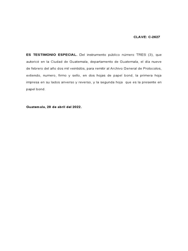 Documentos notariales sobre escrituras y testimonios especiales | PDF