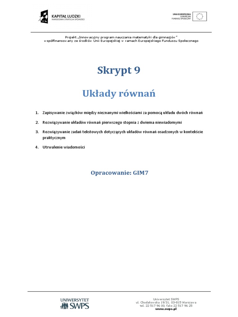 Skrypt 9 Układy Równań-1 | PDF