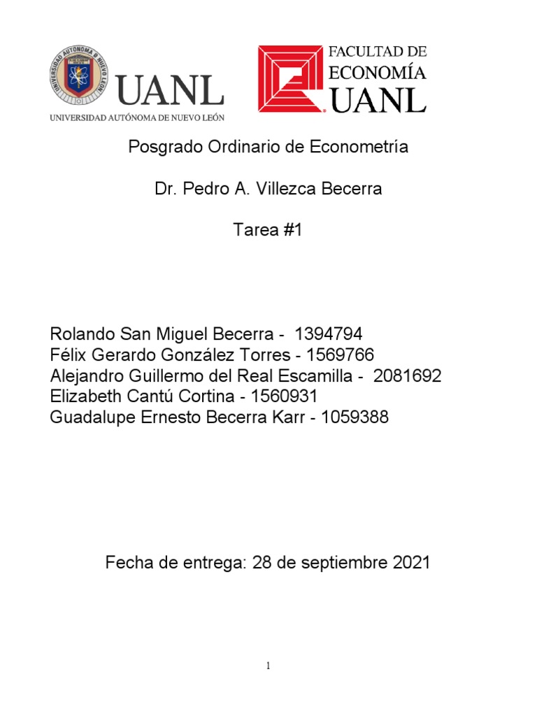 Tarea 1. Ecmt y Apl 2021. Modelo Simple 20210926 | PDF | Econometría | Estadísticas