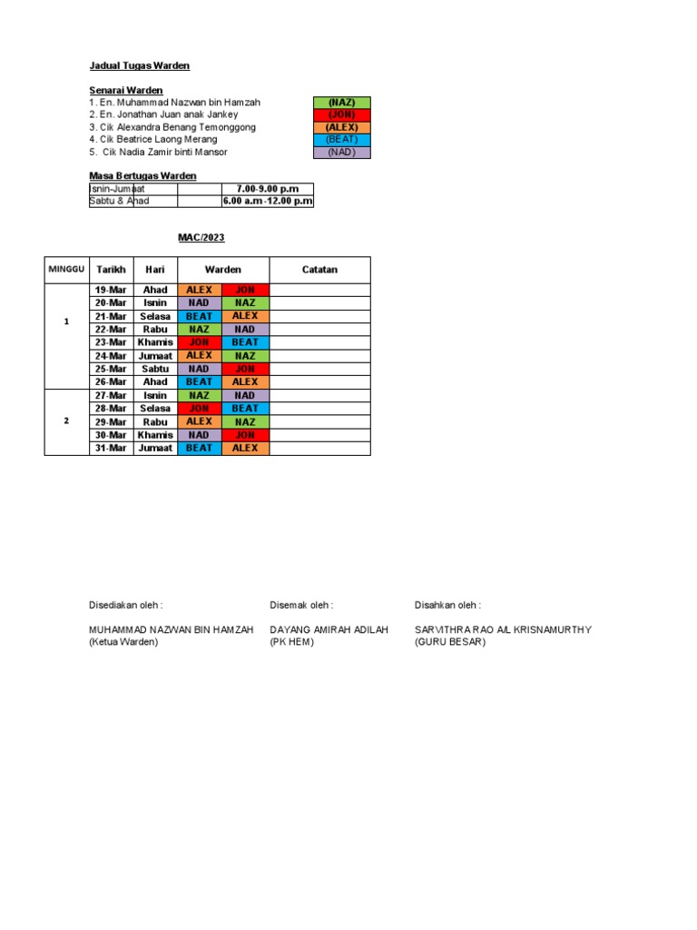 Jadual Bertugas Warden SKLLTG 2023 | PDF