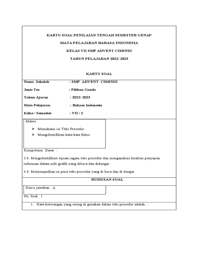 Kartu Soal PTS Genap KLS Vii 22-23 | PDF | Seni