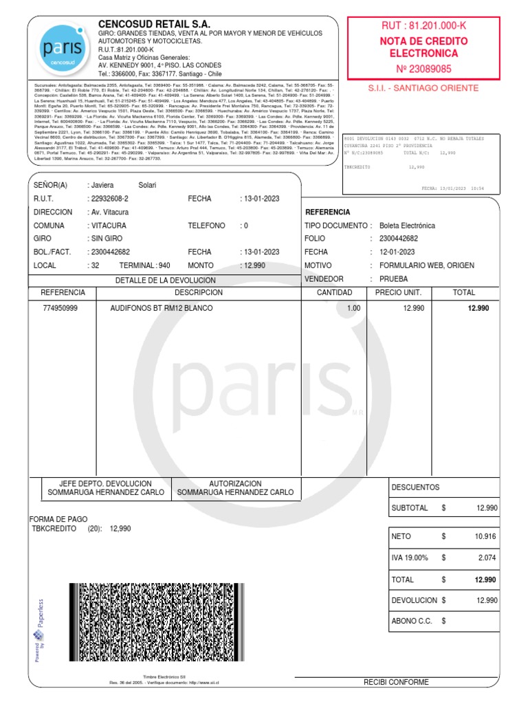 Cencosud Retail S.A.: Nota de Credito Electronica | PDF | Chile