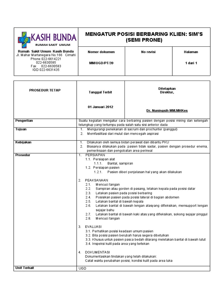 SOP Mengatur Posisi Berbaring Klien Semi Prone (Sims) | PDF