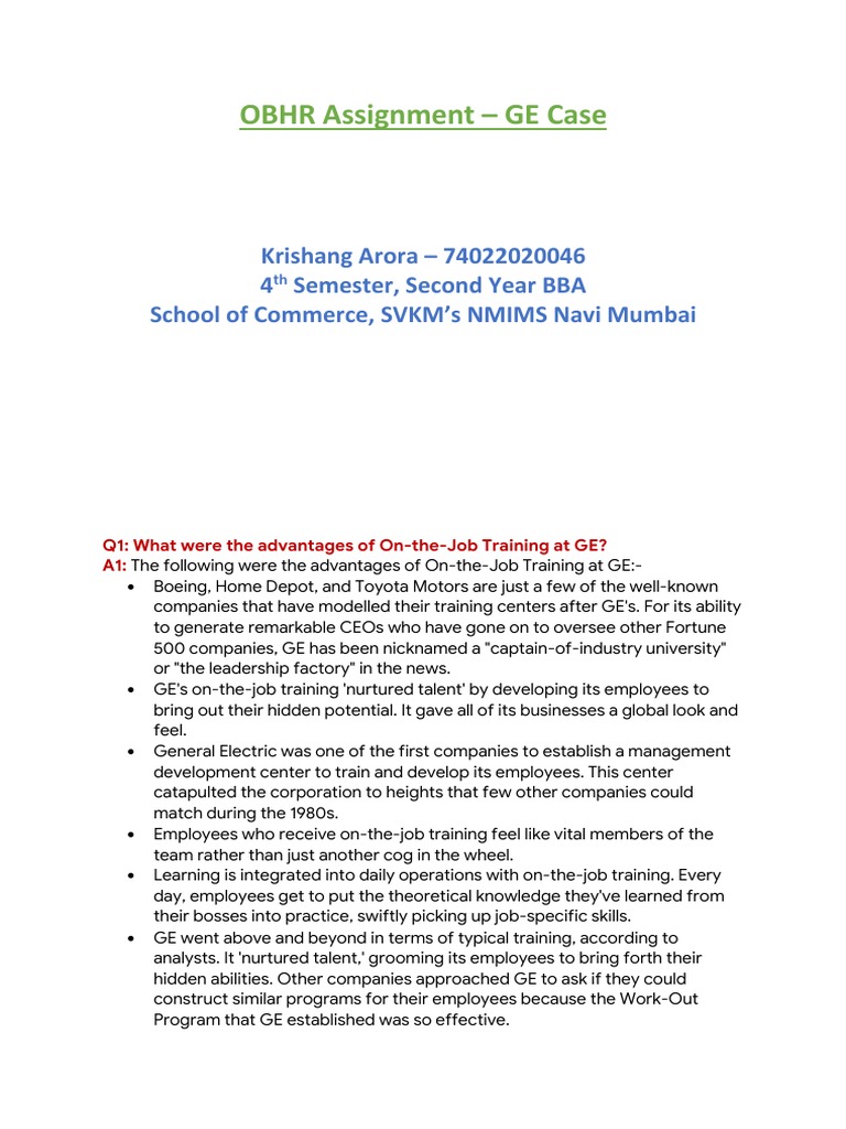 Krishang Arora (74022020046) - OBHR Assignment - GE Case | PDF | Educational Technology | Learning