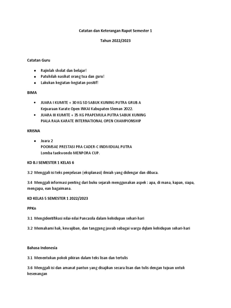 Catatan Dan Keterangan Rapot | PDF