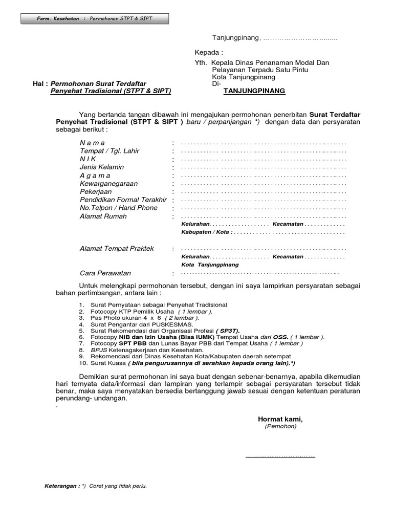 Permohonan STPT & SIPT Tanjungpinang | PDF