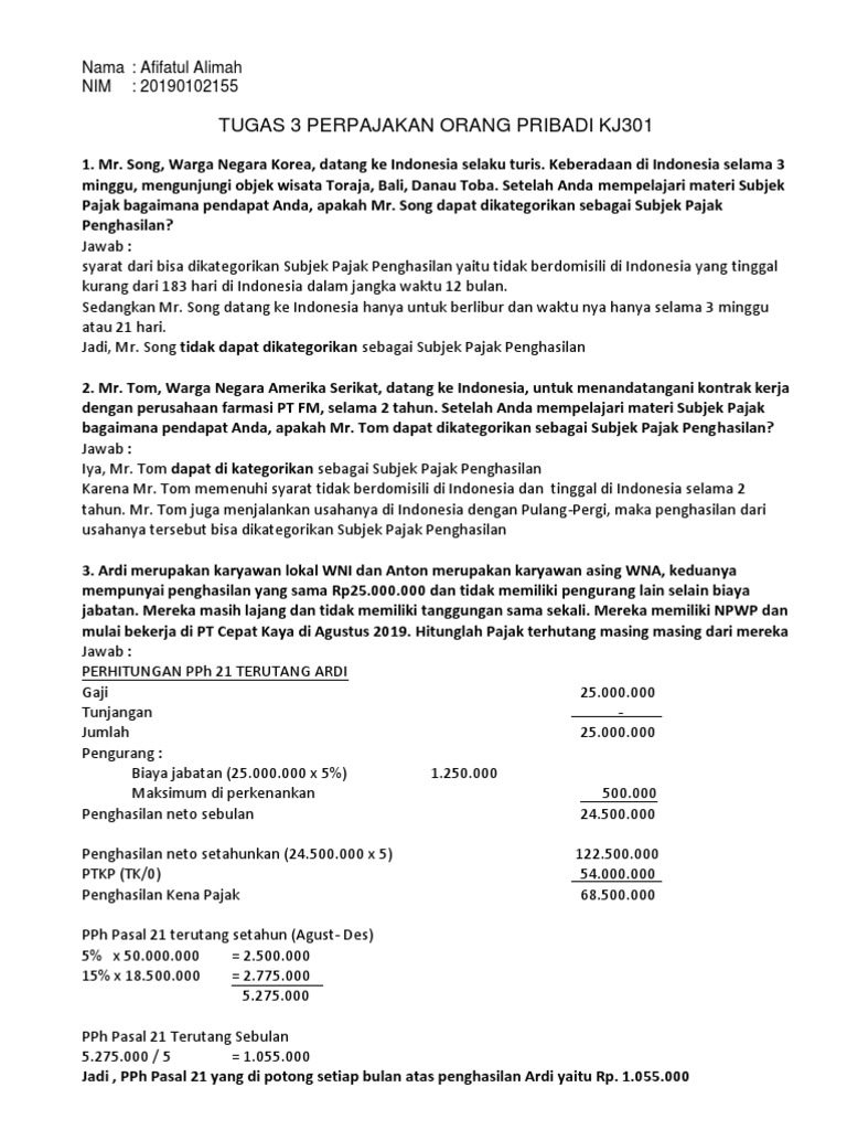 Tugas 3 Perpajakan OP - Afifatul Alimah 20190102155 | PDF