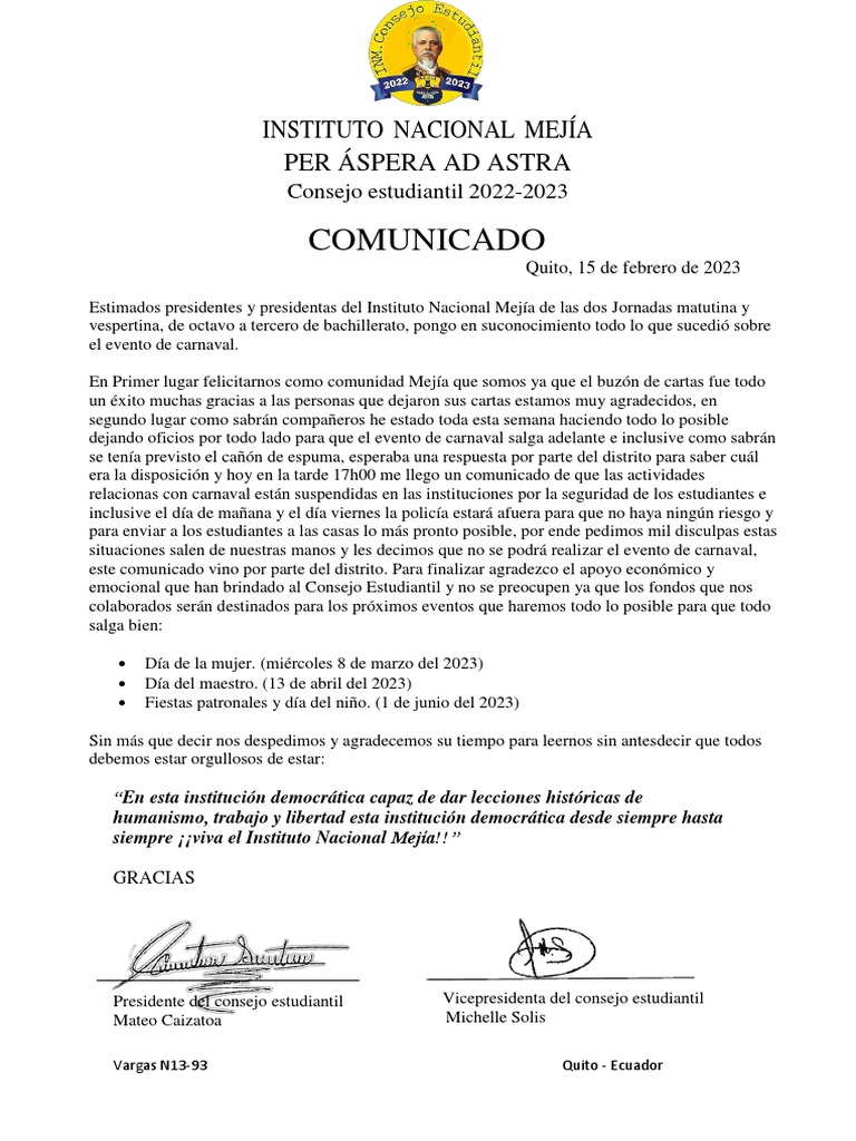Comunicado: Instituto Nacional Mejía Per Áspera Ad Astra | PDF | Carnaval