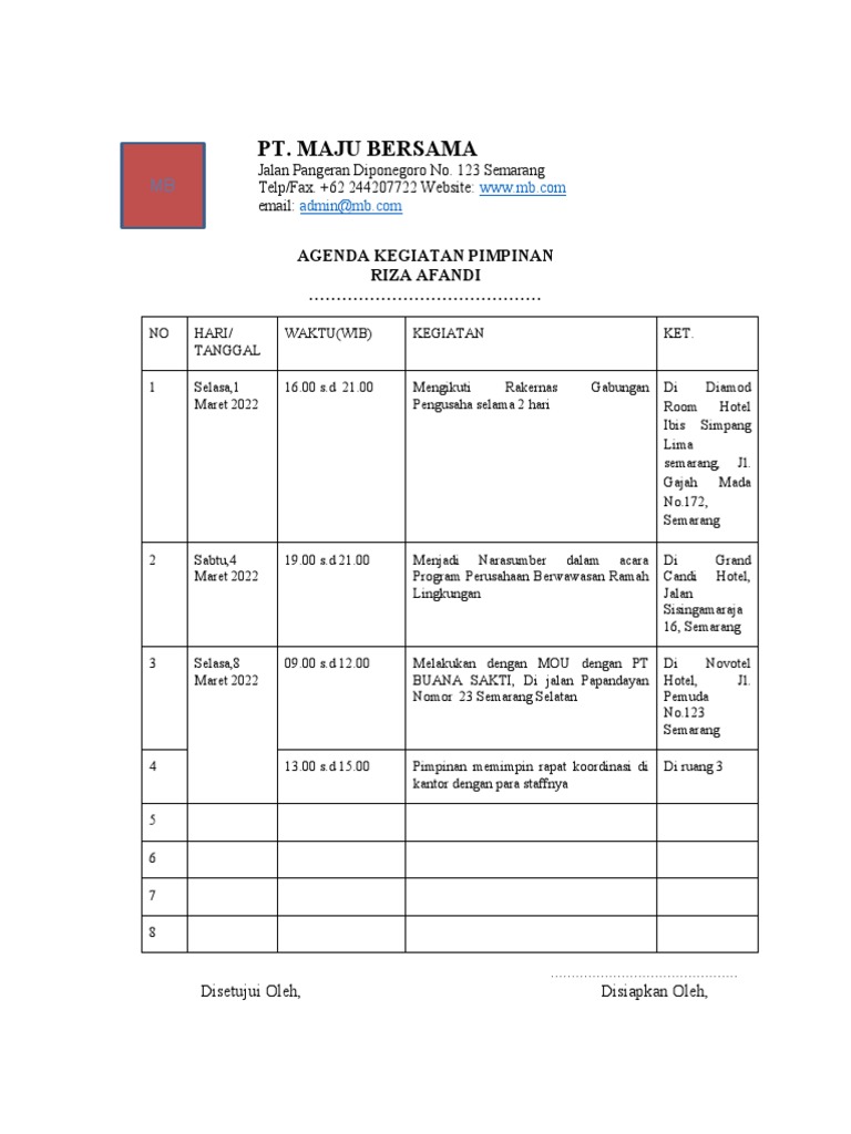 Pt. Maju Bersama: Agenda Kegiatan Pimpinan Riza Afandi | PDF