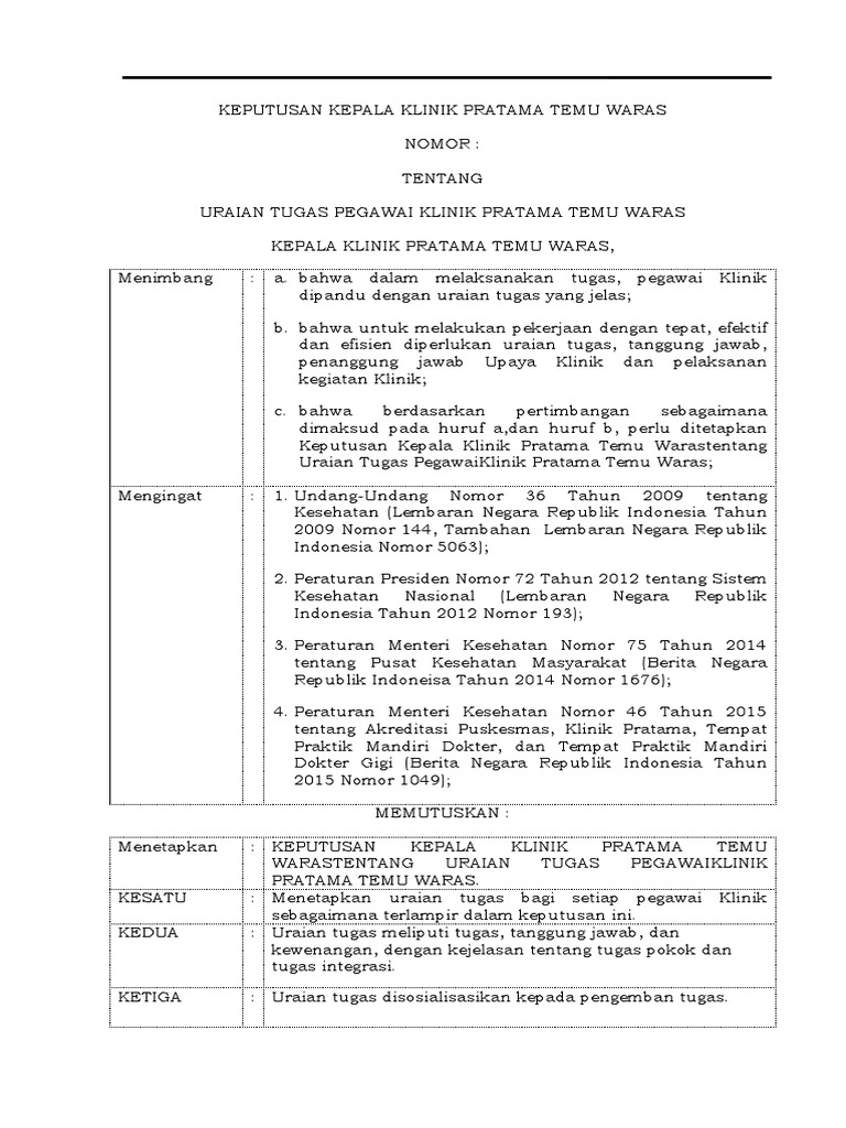 SK Uraian Tugas Klinik Temu Waras | PDF | Bisnis