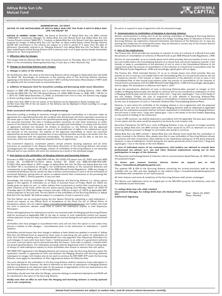 ABSL Tax Plan Merger Notice 2023 | PDF | Securities (Finance ...