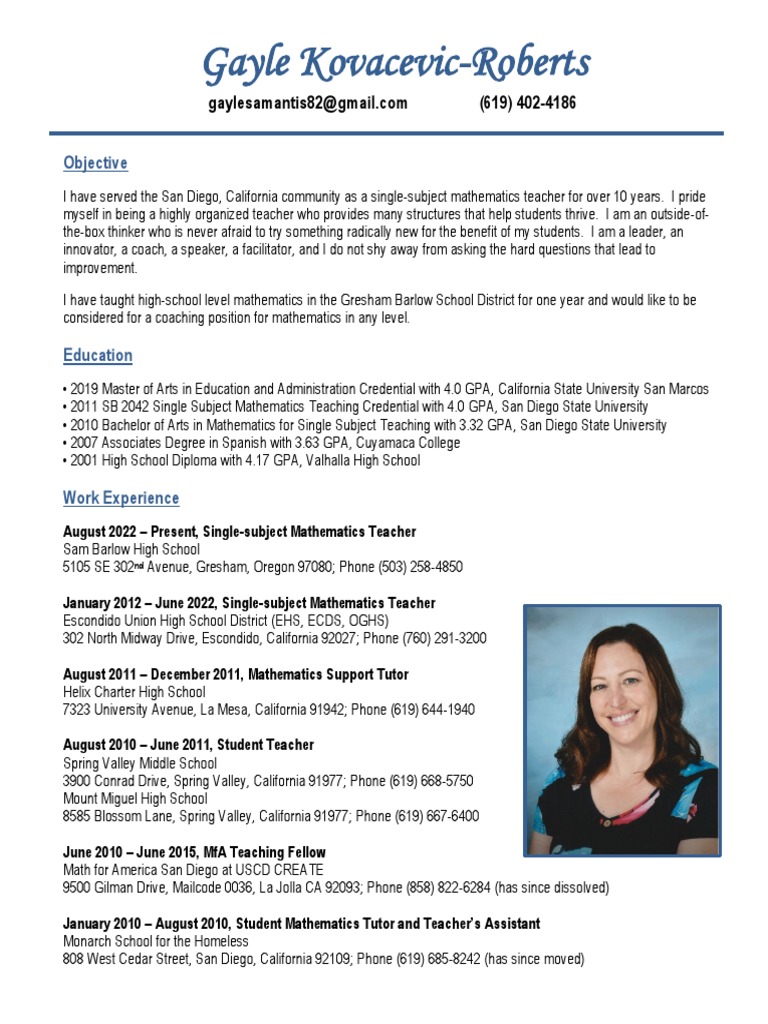 Gayle Kovacevic - Math Teacher Resume 2023 No Address | PDF | Teachers ...