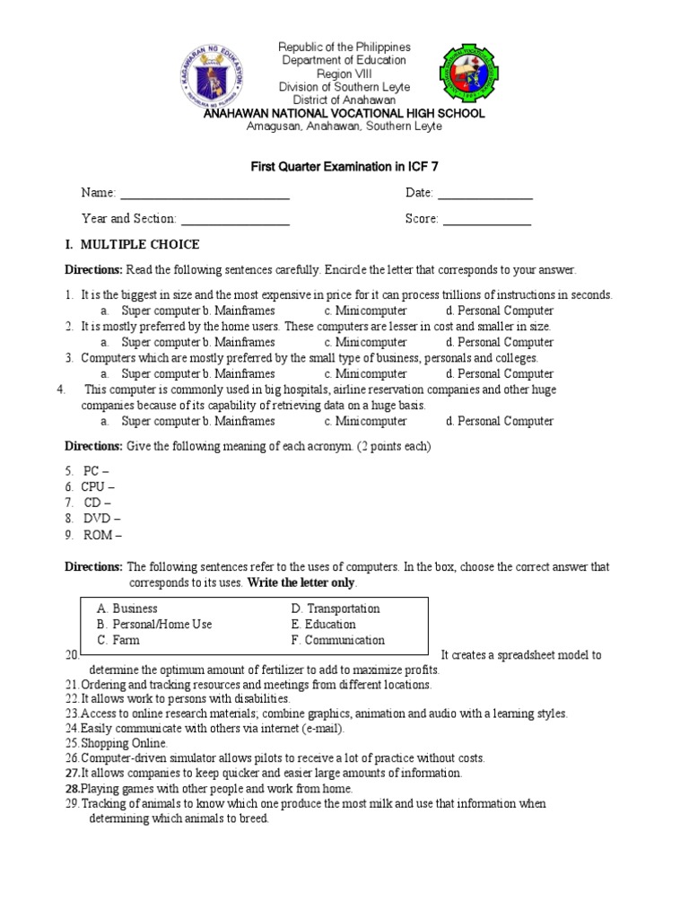 ICF Grade 7 First Quarter Exam | PDF | Personal Computers | Mainframe ...