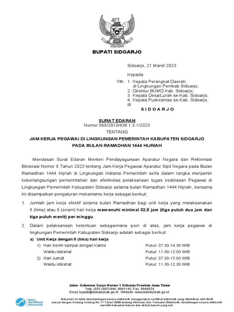 Jam Kerja Pegawai Selama Bulan Ramadhan 1444 Hijriah | PDF