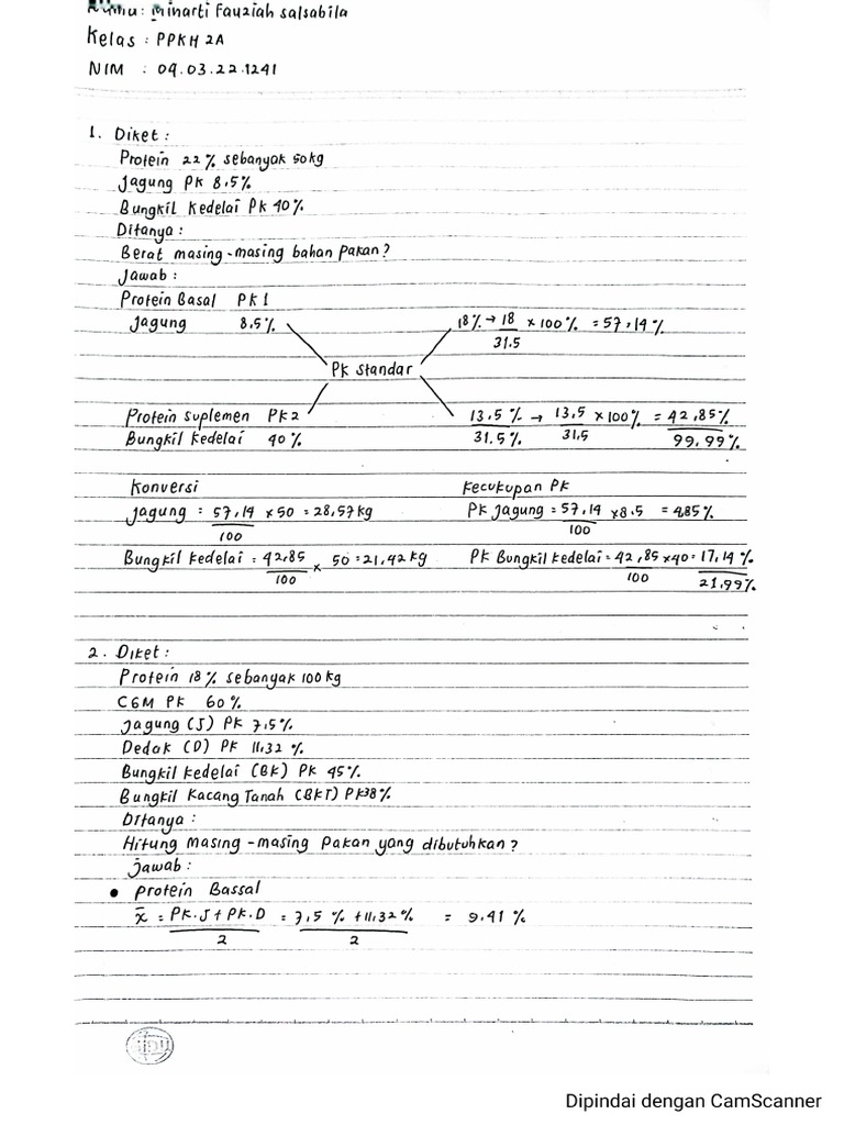 Tugas Penyusunan komposisi ransum menggunakan Pearson Square Method_Minarti Fauziah S PPKH 2A | PDF