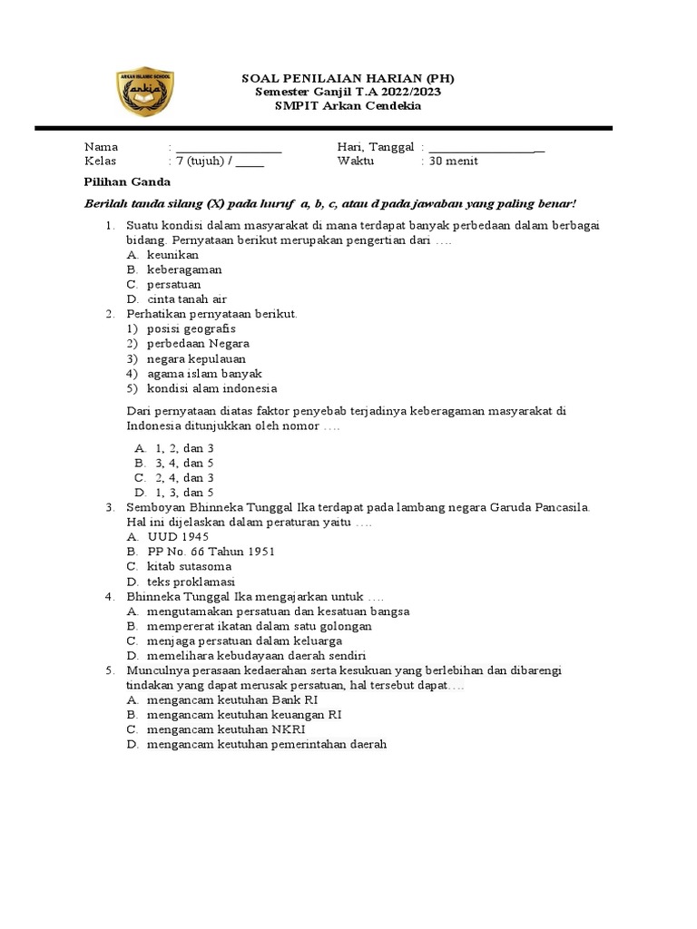 Soal PH PKN 7 Bab 4 | PDF