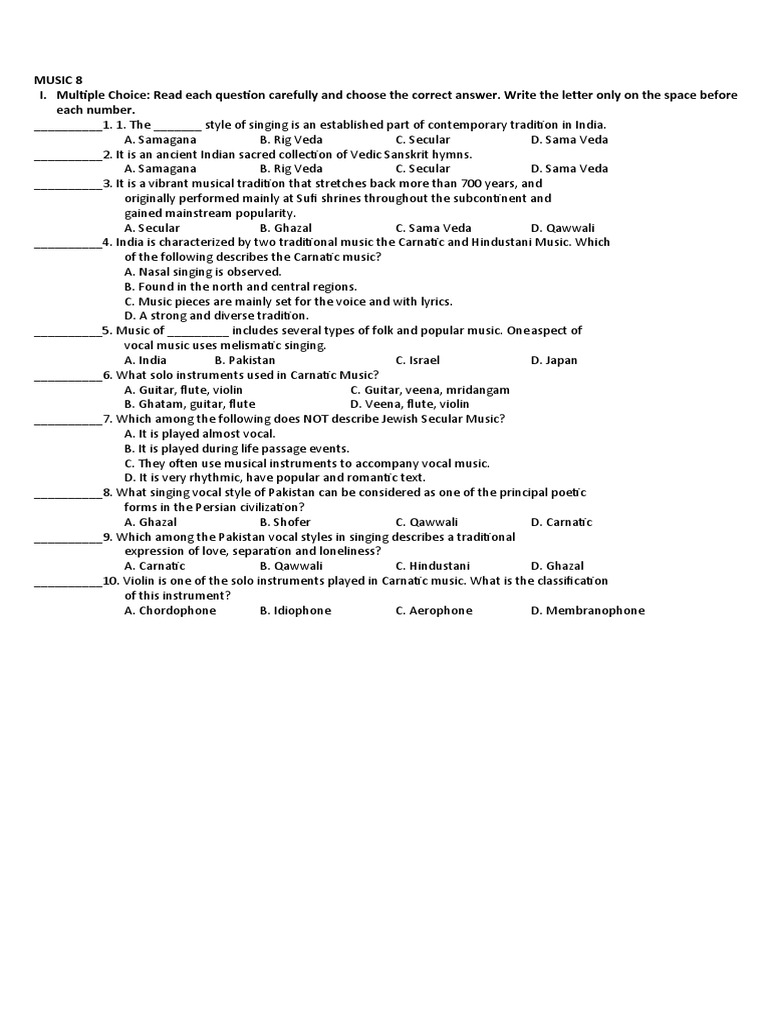 Music 8 Quarter 3 First Summative Test | PDF | Vedas | Musical Instruments