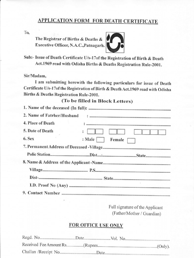 Death Certificate Application Form Odisha | PDF