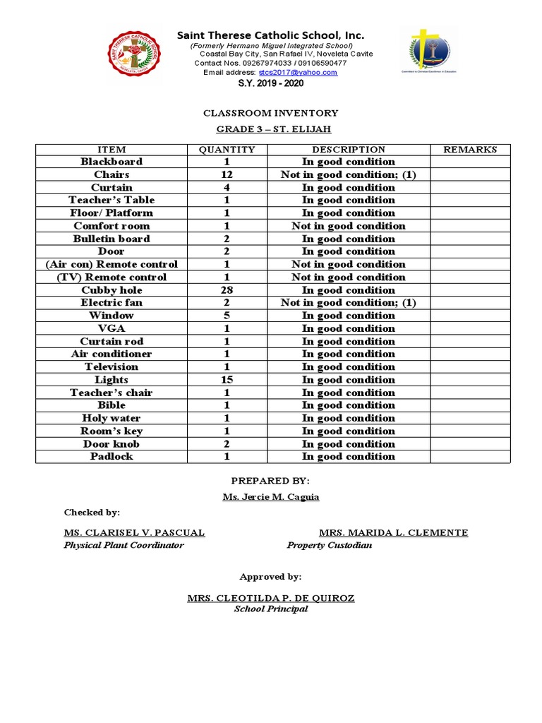 Classroom Inventory for Grade 3 - St. Elijah at Saint Therese Catholic ...