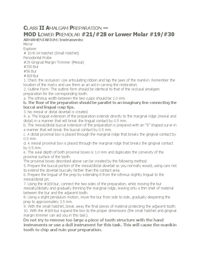 Class Ii Lower Premolar Mod Amalgam Preparation & Restoration | PDF ...