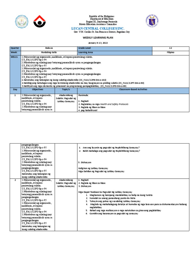 Lucan Central Colleges Inc: Weekly Learning Plan | PDF