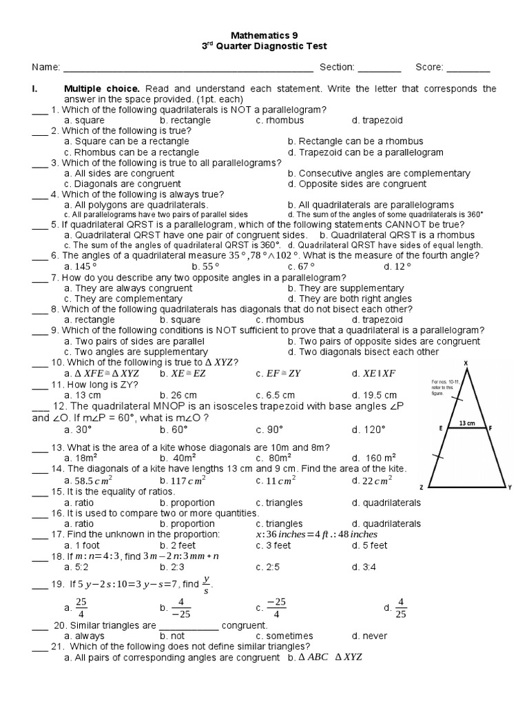 Mathematics 9 Quarter 3 Diagnostic Test | PDF | Rectangle | Triangle