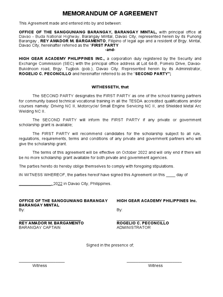 MOA for TESDA Training in Brgy. Mintal | PDF | Business