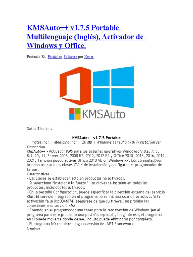 KMSAuto++ v1.7.5 Portable Multilenguaje (Inglés), Activador de Windows ...