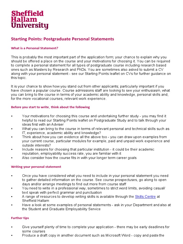 Postgraduate Personal Statements Starting Point | PDF | Postgraduate ...