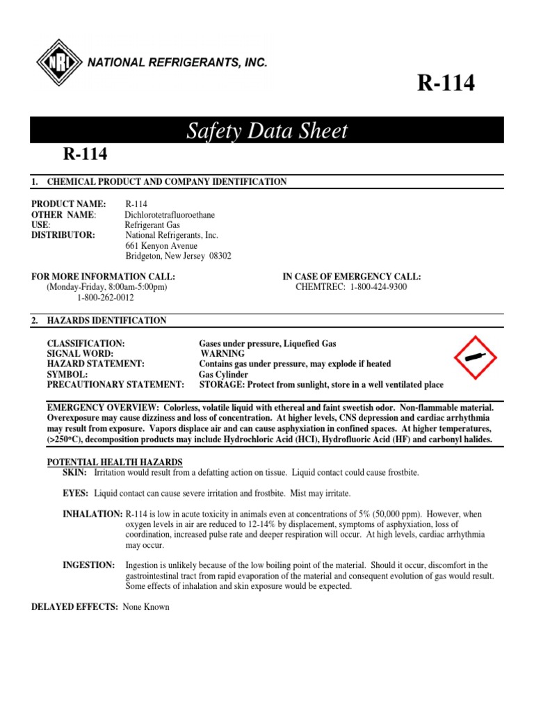 SDS R114 | PDF | Resource Conservation And Recovery Act | Personal Protective Equipment